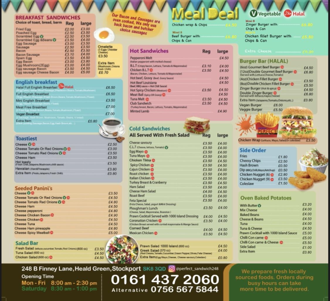 Menu at Perfect sandwich cafe, Cheadle