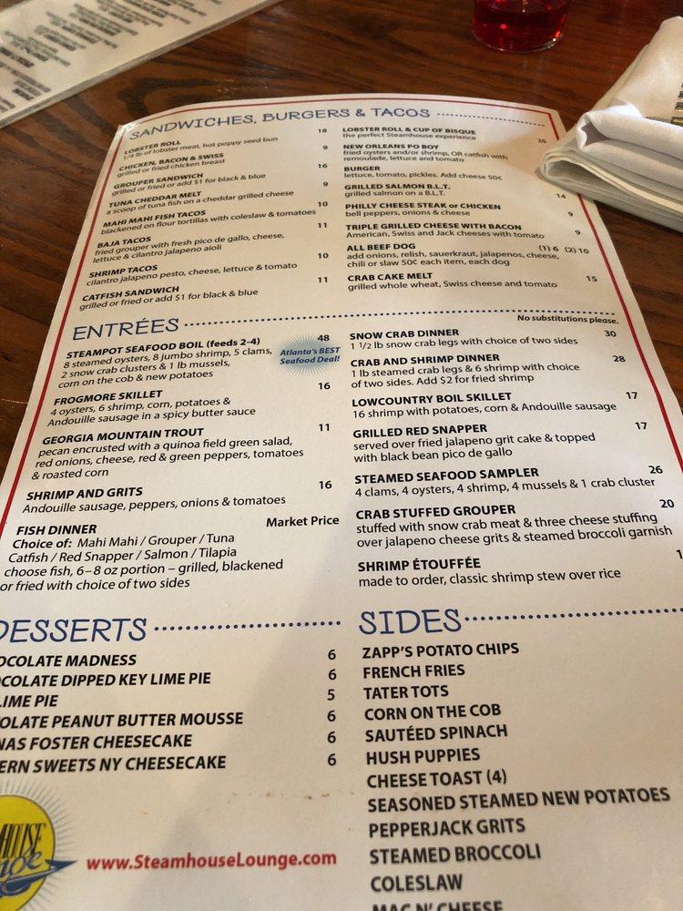Menu at The Steamhouse Lounge pub & bar, Atlanta, W Peachtree St NW
