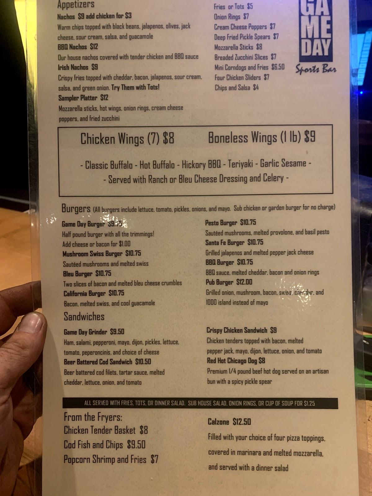 Menu at Game Day Sports Bar, Eugene