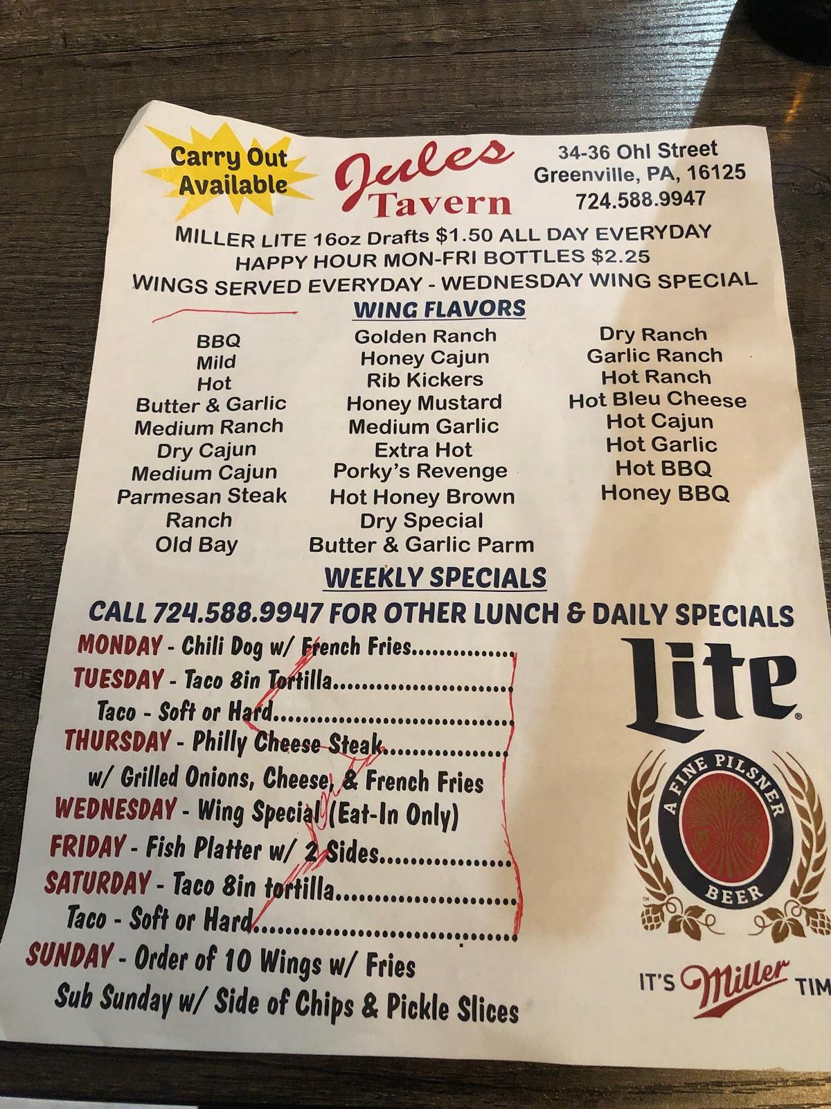 Menu at Jules Tavern restaurant, Greenville