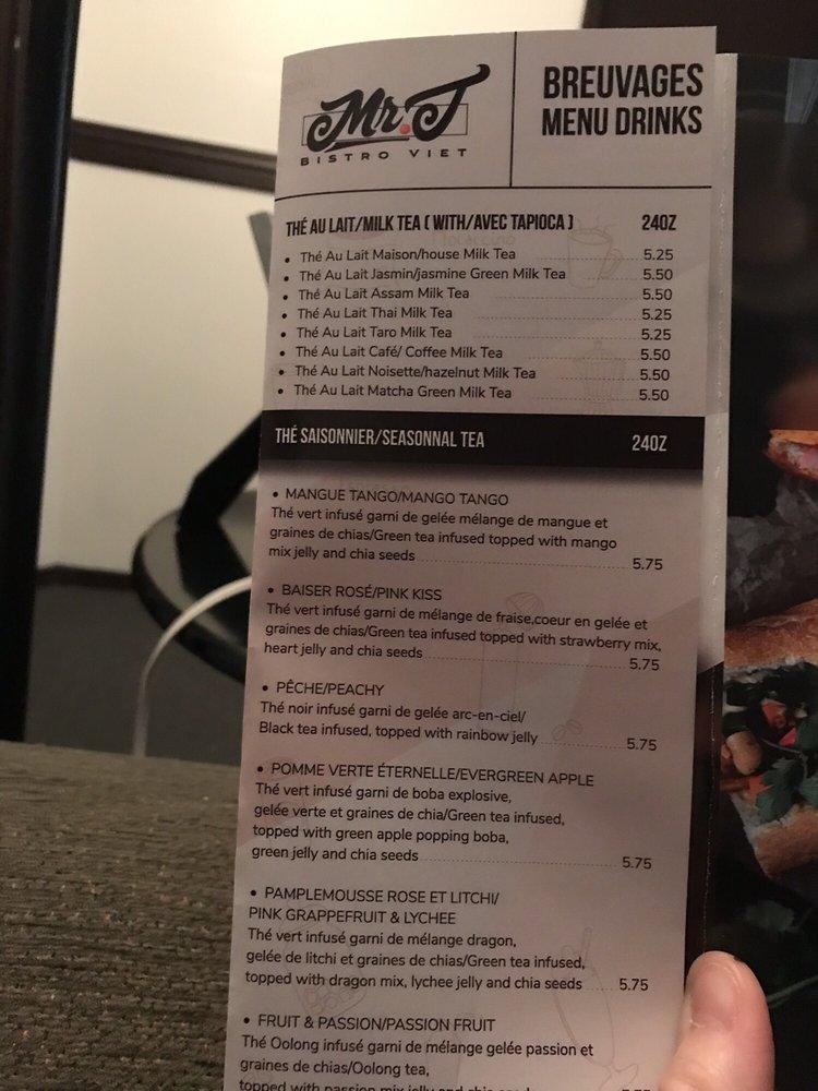 Menu at Mr. T Bistro Viet restaurant, Laval