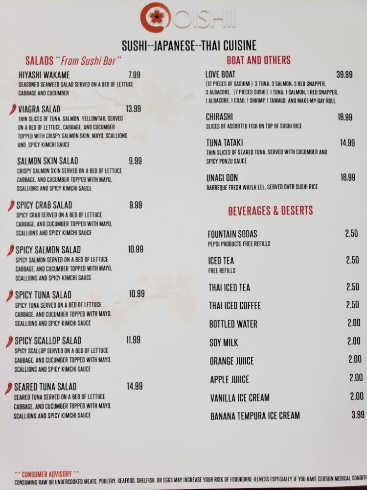 Menu at Oishii Japanese Thai Restaurant, Clovis