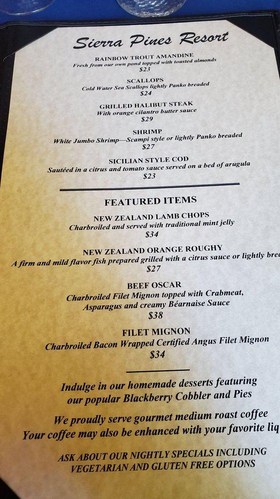 Menu at Sierra Pines Resort pub & bar, Sierra City