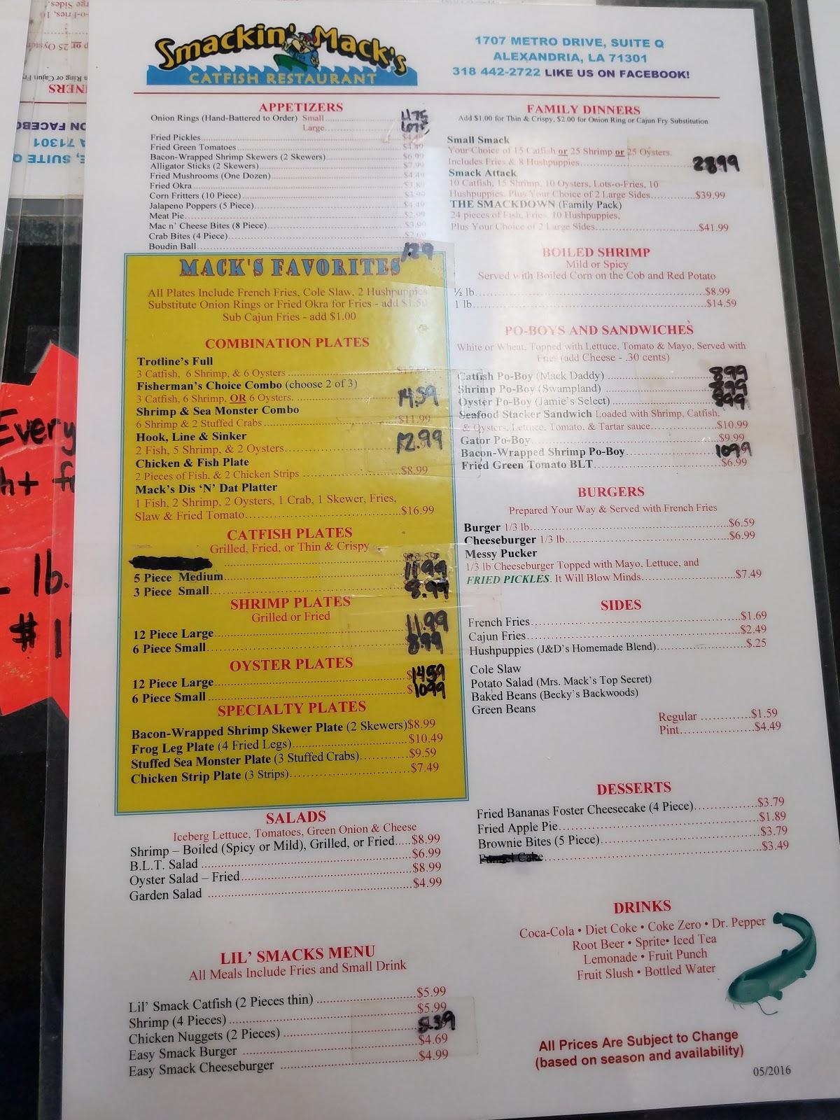 Menu at Smackin Mack's restaurant, Alexandria