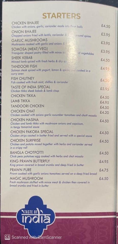 Menu at Taste Of India restaurant, Leominster