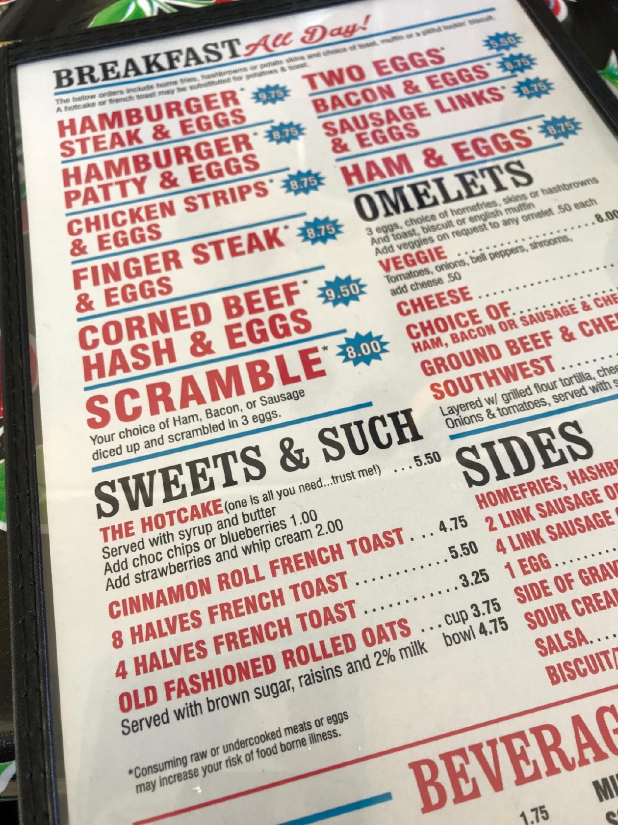 Menu at Addi's Diner restaurant, Springfield