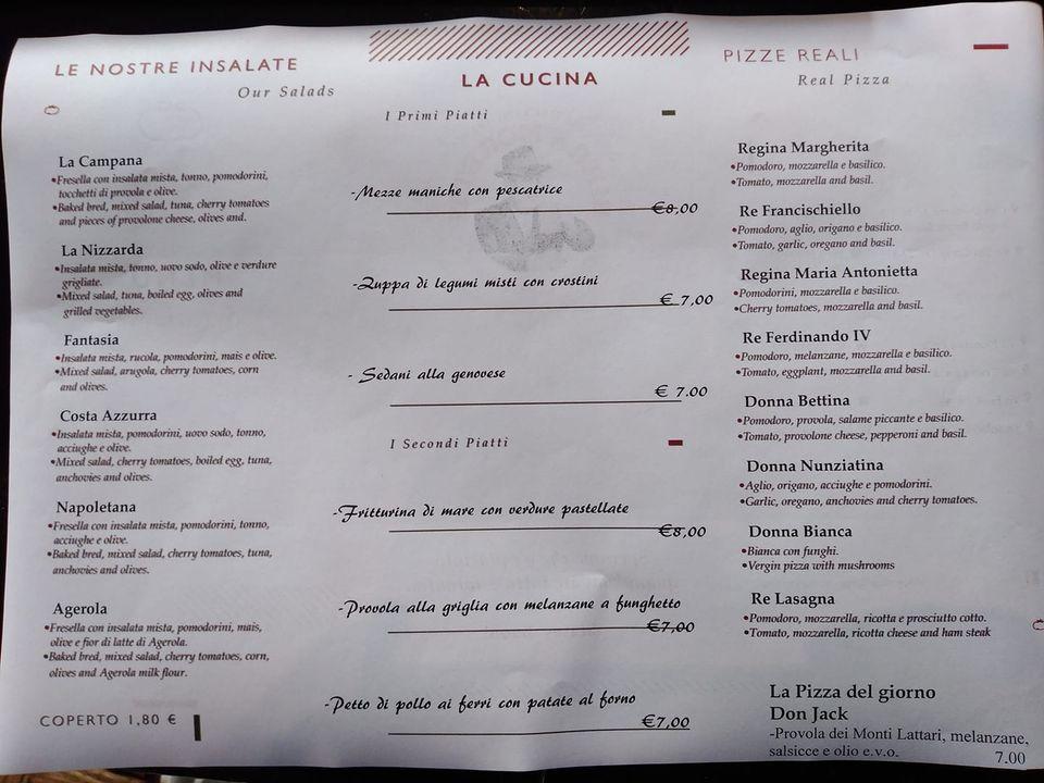 Menu at Pomodorino Cafè restaurant, Naples