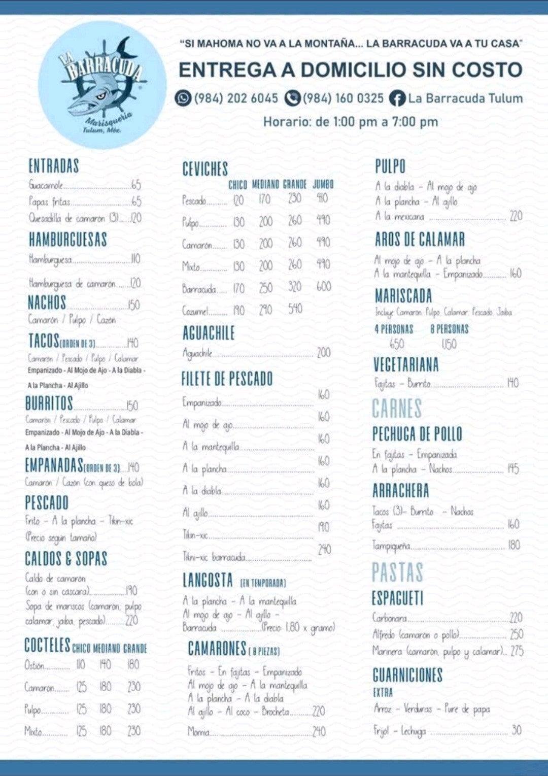 Menu at La Barracuda, Tulum