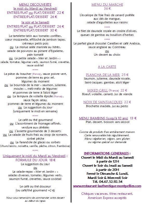 Menu at L'Authentique restaurant, Castelnau-le-Lez, 560 Rte de la ...