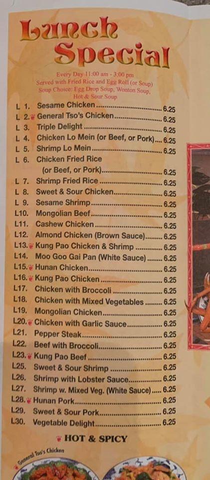 Menu at Lin Garden restaurant, Jasper, 300 Hwy 78 E