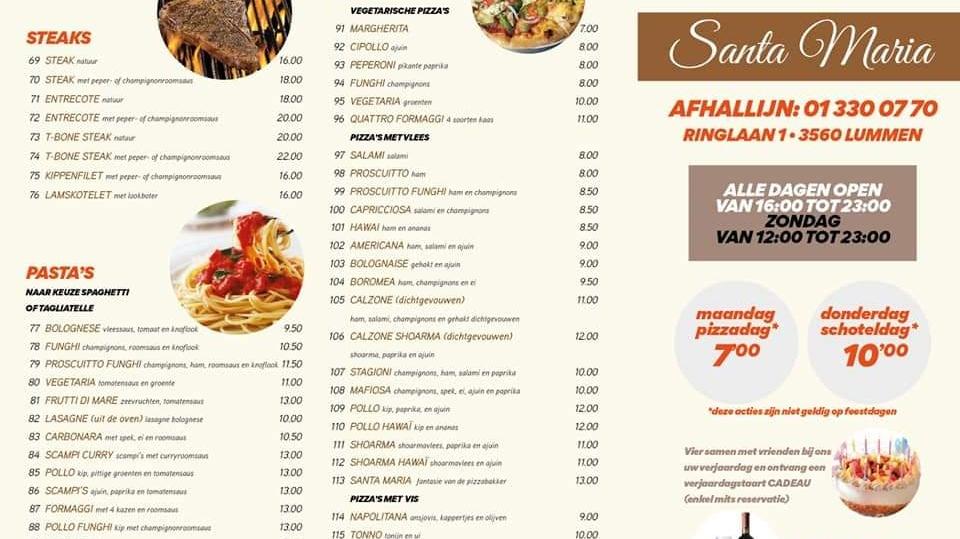 Menu at Santa Maria, Lummen