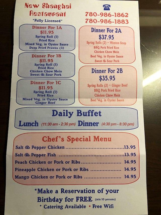 Carta de Shanghai Restaurant, Leduc, 50 St