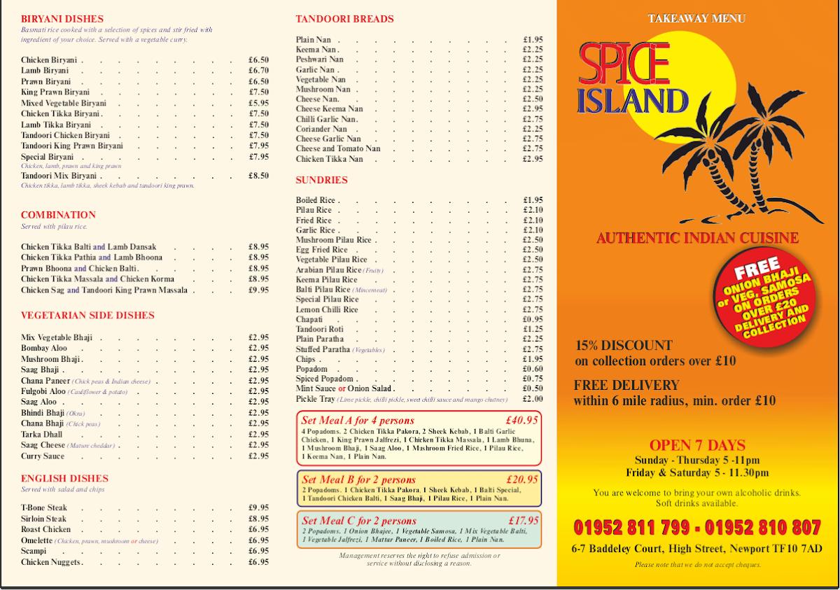 Menu at Spice Island restaurant, Newport