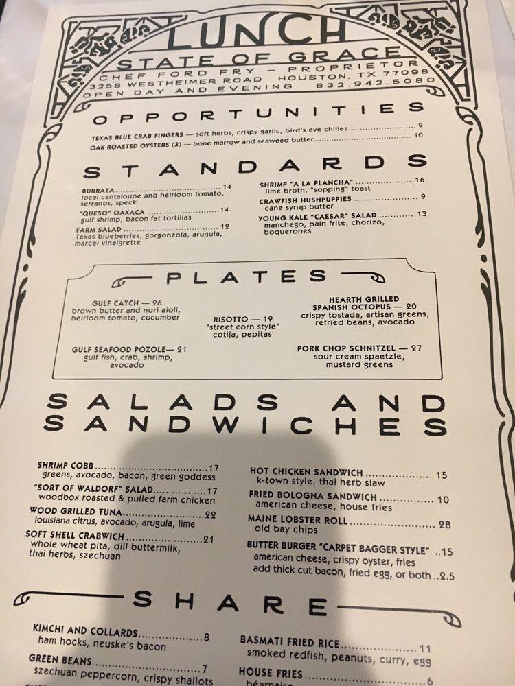 Menu at State of Grace restaurant, Houston, Westheimer Rd