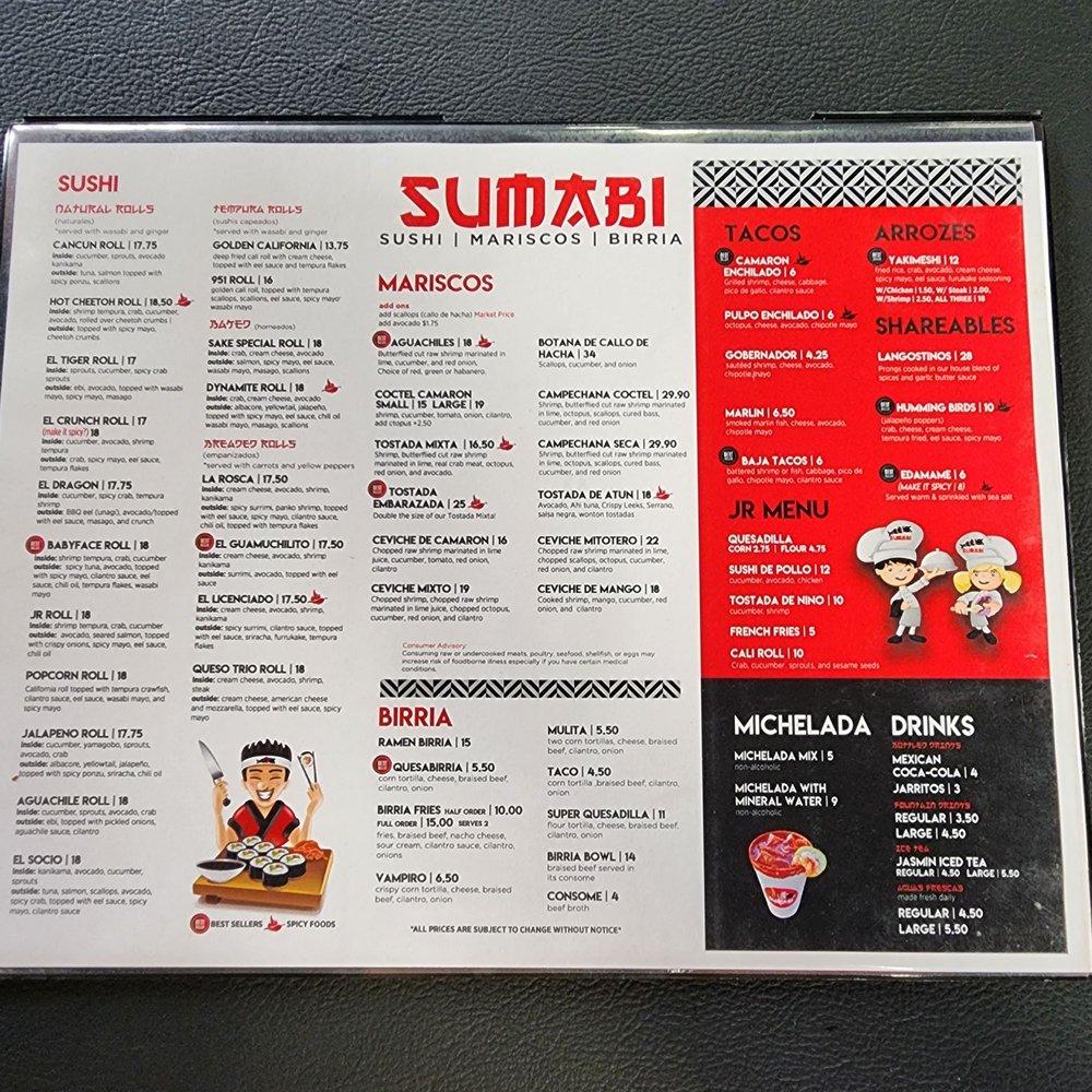 Menu at Sumabi restaurant, Norco