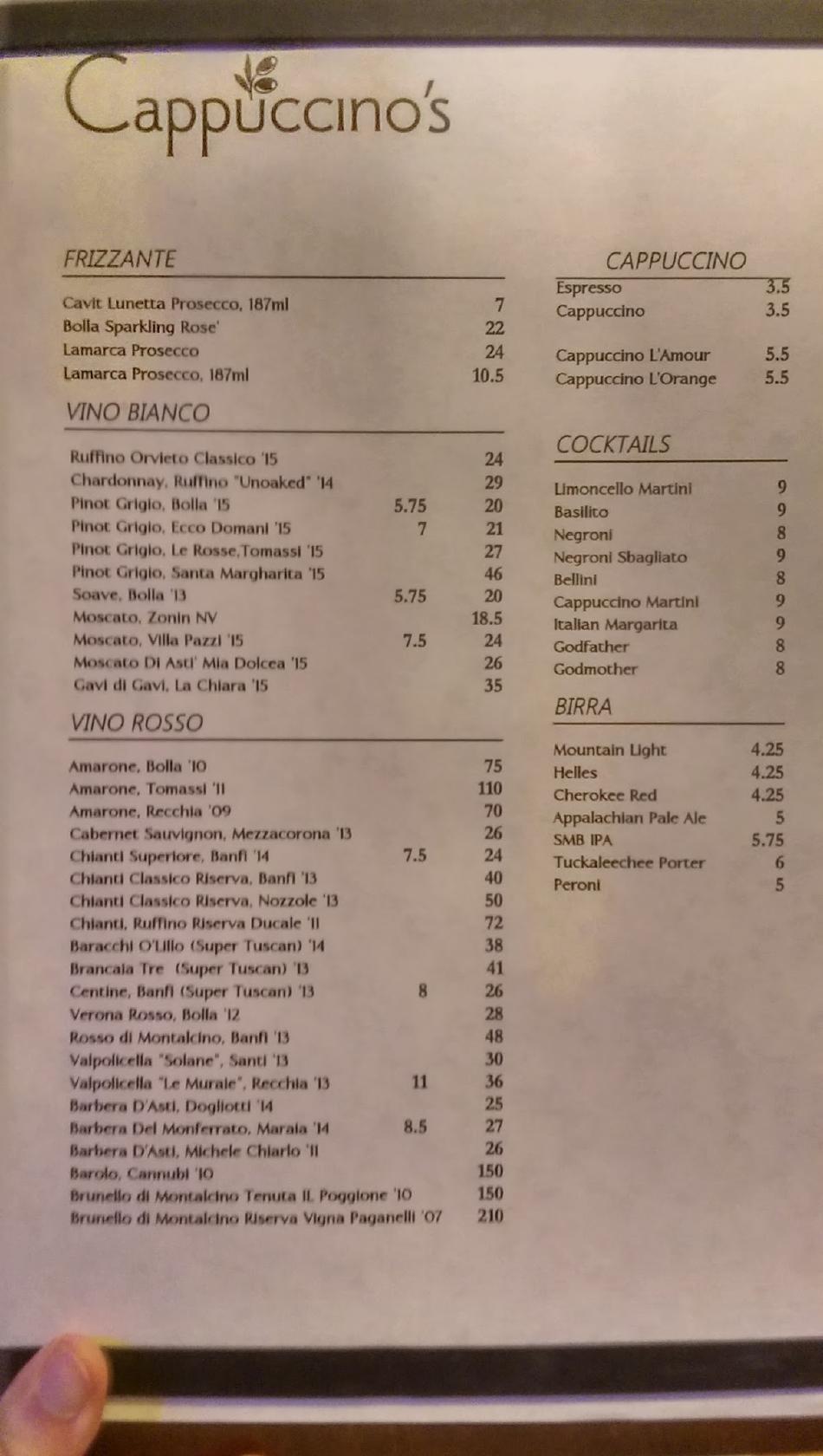 Menu at Cappuccino's restaurant, Knoxville