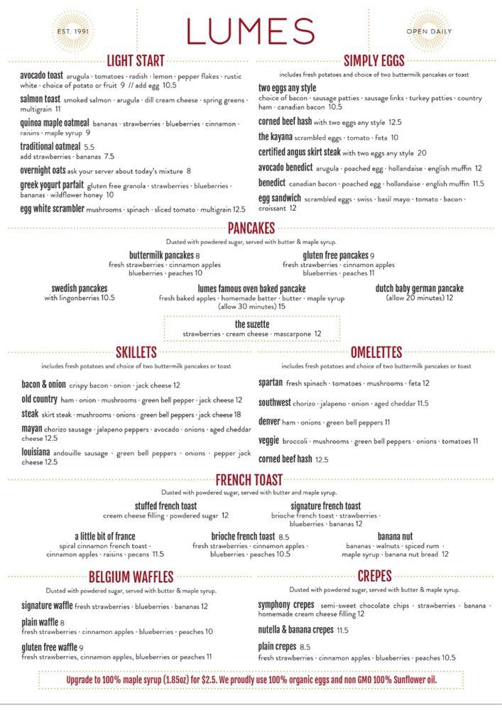 Menu at Lumes Brunch Cafe, Willowbrook