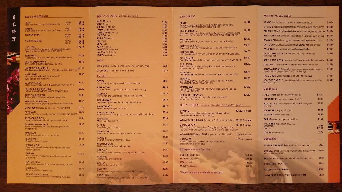 Menu at Matsuya Japanese Restaurant, Fairfield