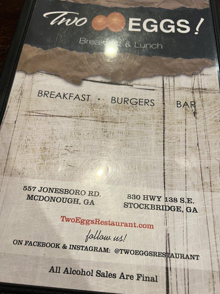 Menu at Two Eggs! restaurant, McDonough