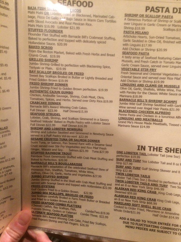 Menu at Barnacle Bill's Seafood, Sarasota, N Tamiami Trail