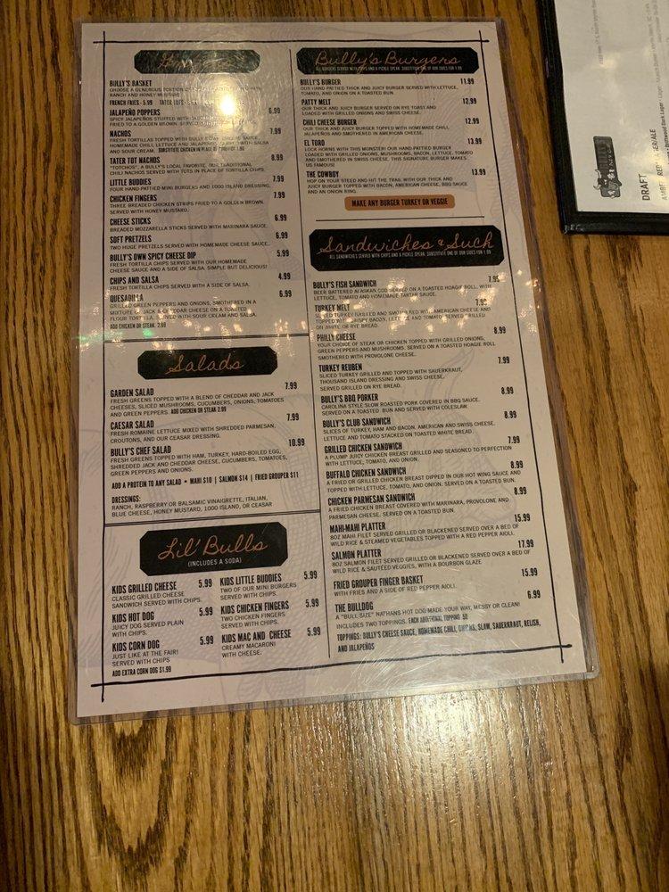 Menu at Bully's Pub & Grill, North Myrtle Beach, Hwy 17