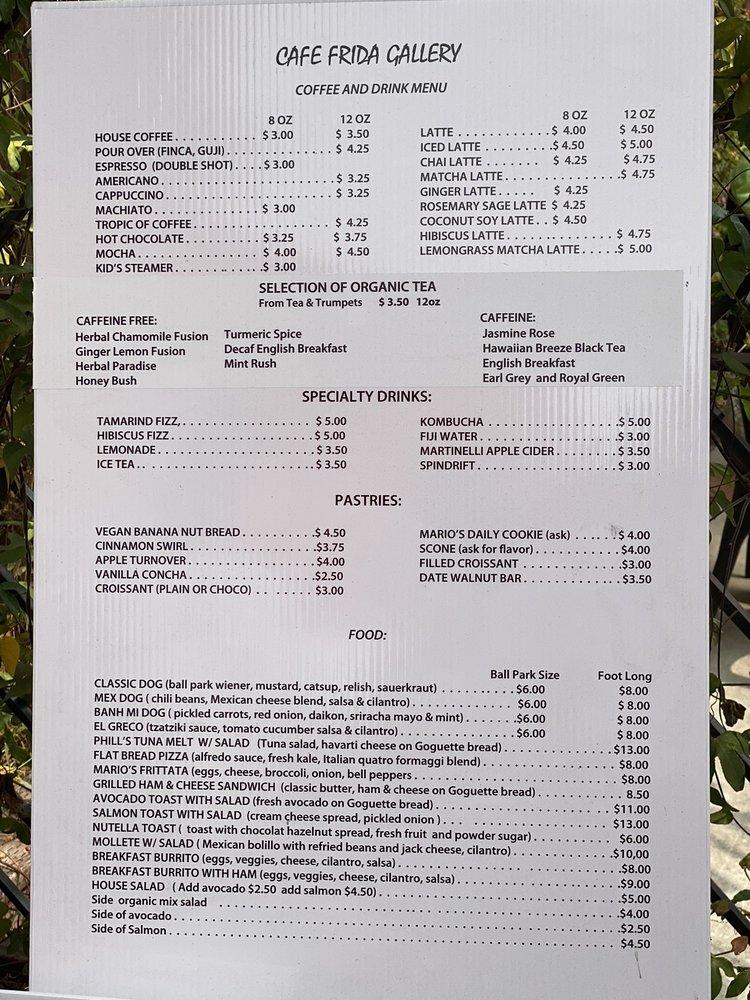 Carta de Café Frida Gallery, Santa Rosa