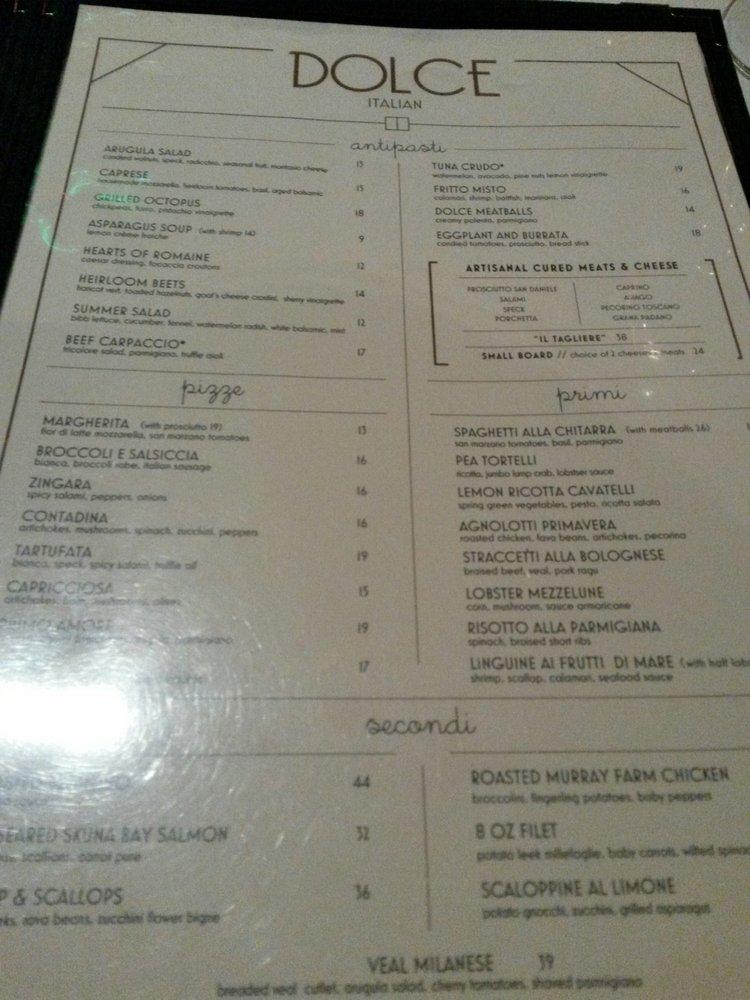Menu at Dolce Italian Miami restaurant, Miami Beach
