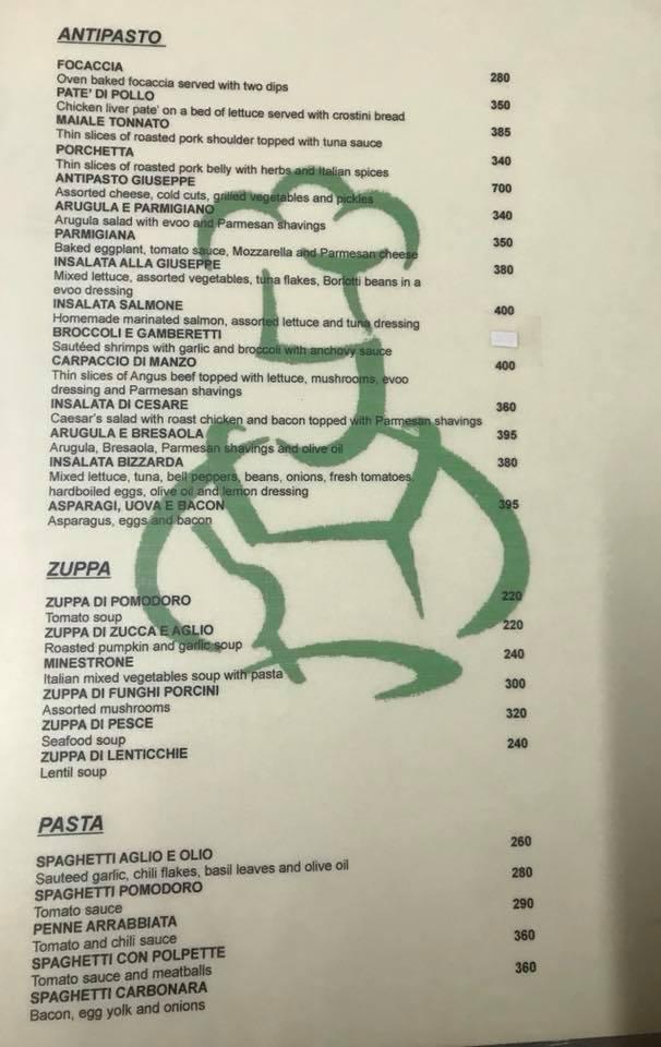 Carta de Giuseppe Pizzeria & Sicilian Roast, Cebú, Paseo Saturnino