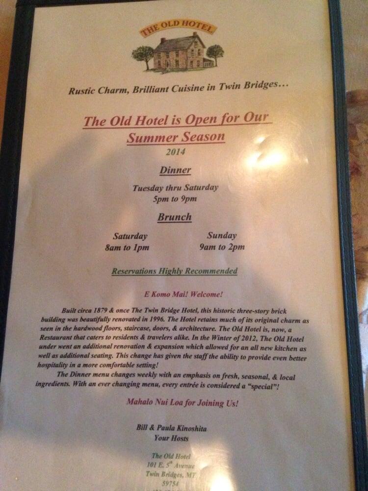 Menu at Old Hotel restaurant, Twin Bridges