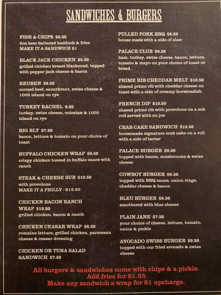 Menu at Palace Lounge pub & bar, Martinsburg