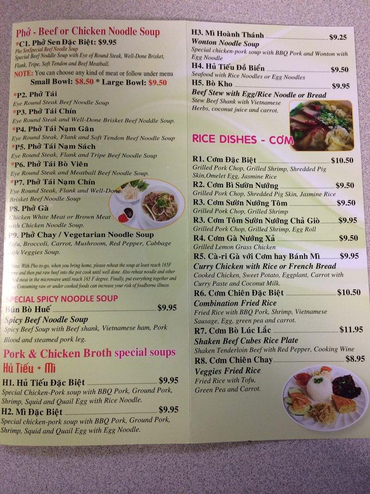 Menu at Pho Sen restaurant, Vancouver