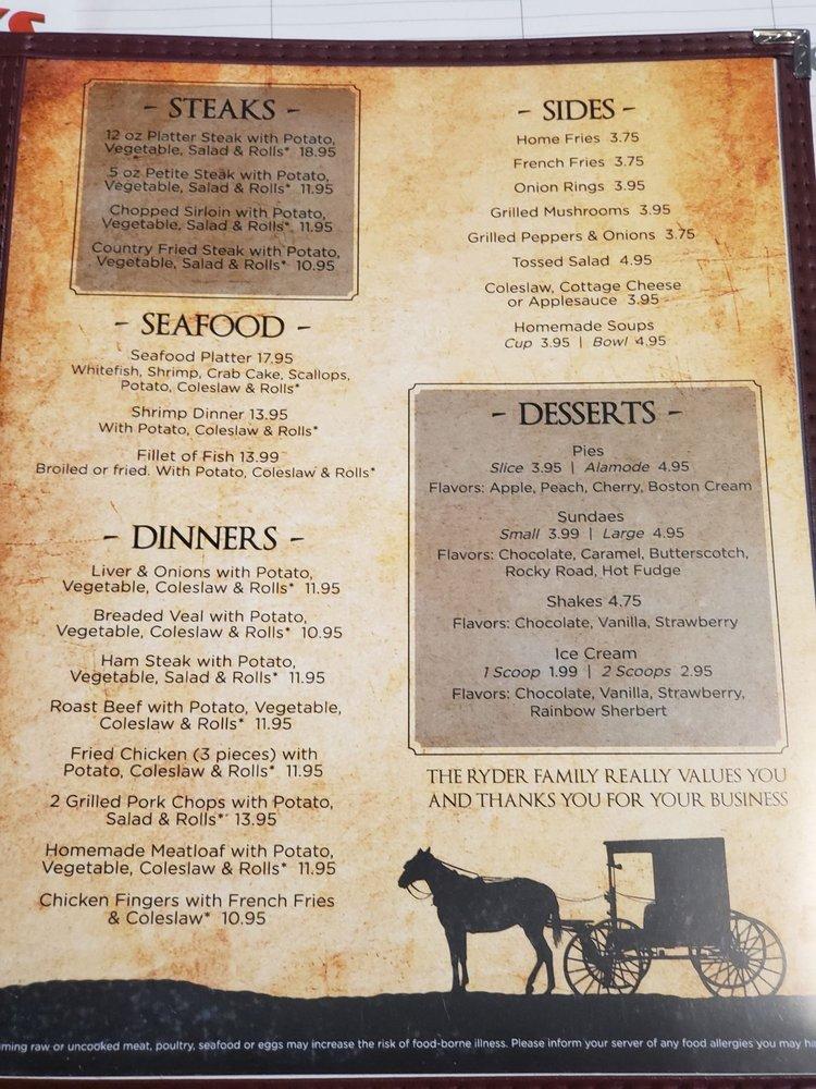 Menu at Ryder's Restaurant, New Wilmington