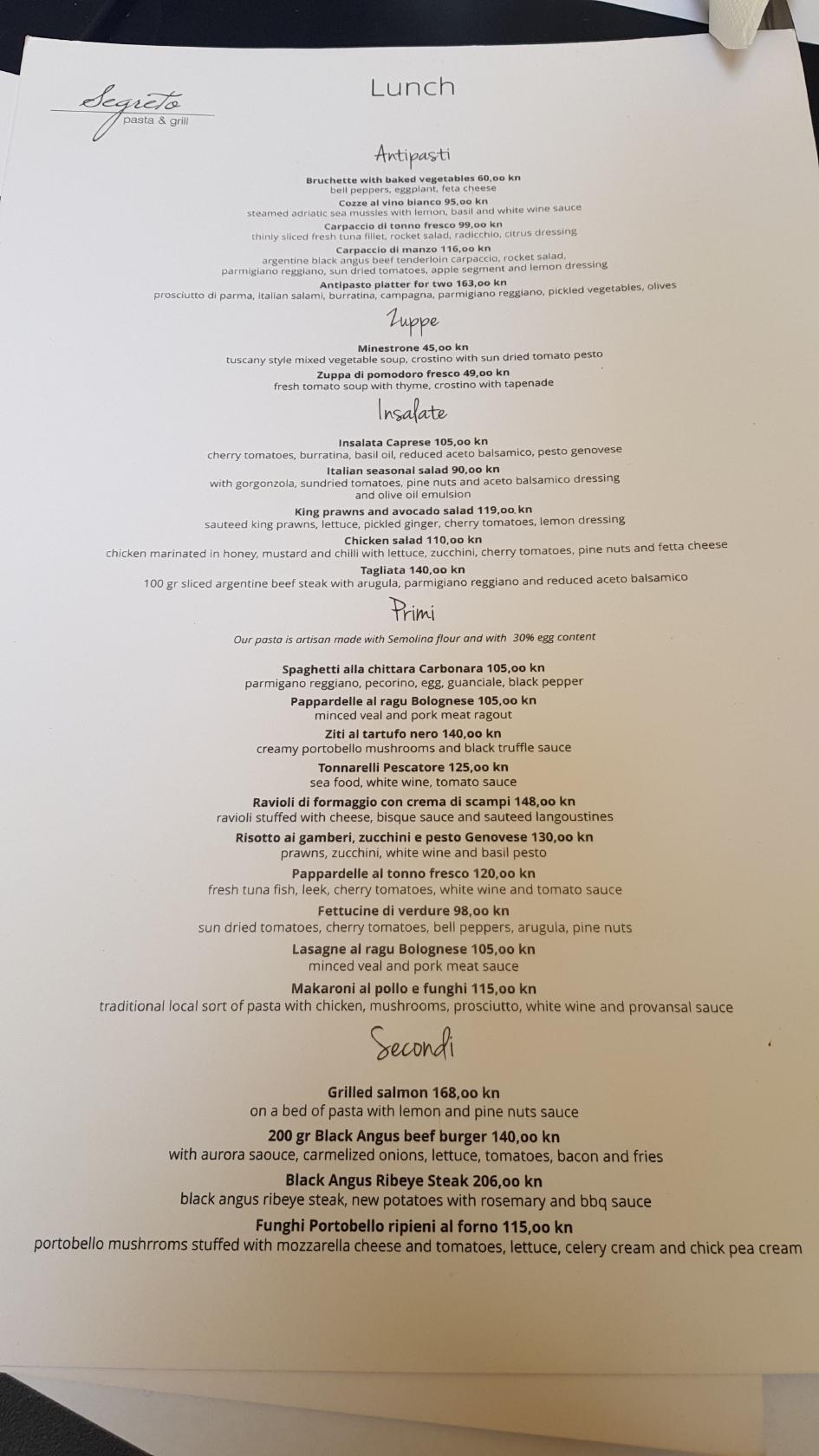 Menu at Segreto Pasta & Grill restaurant, Dubrovnik
