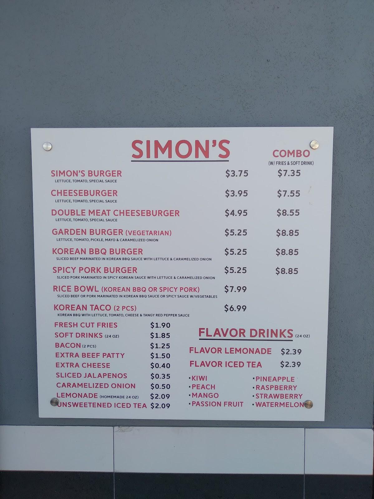 Menu at Simon's Burger restaurant, Austin