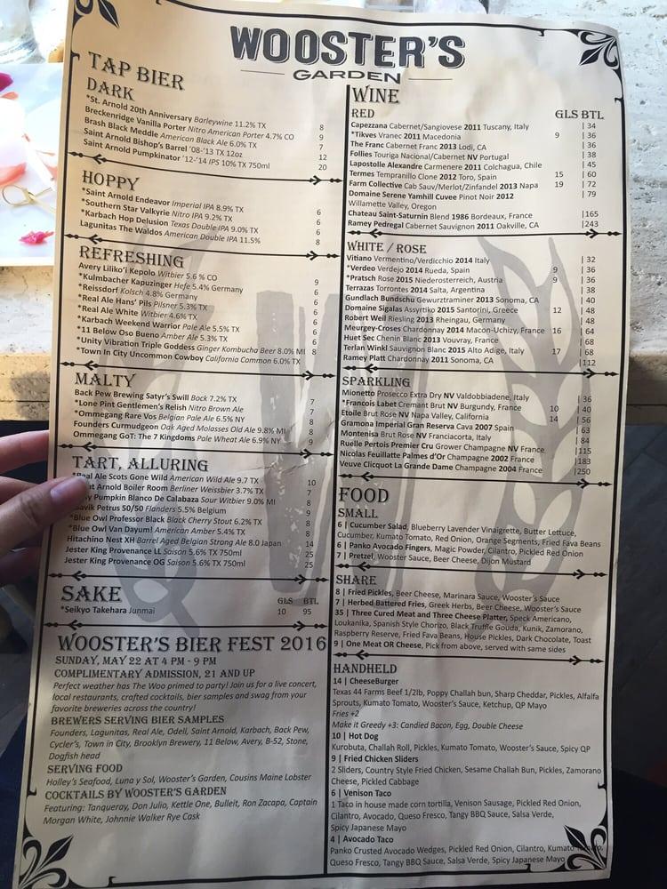 Menu at Wooster's Garden pub & bar, Houston