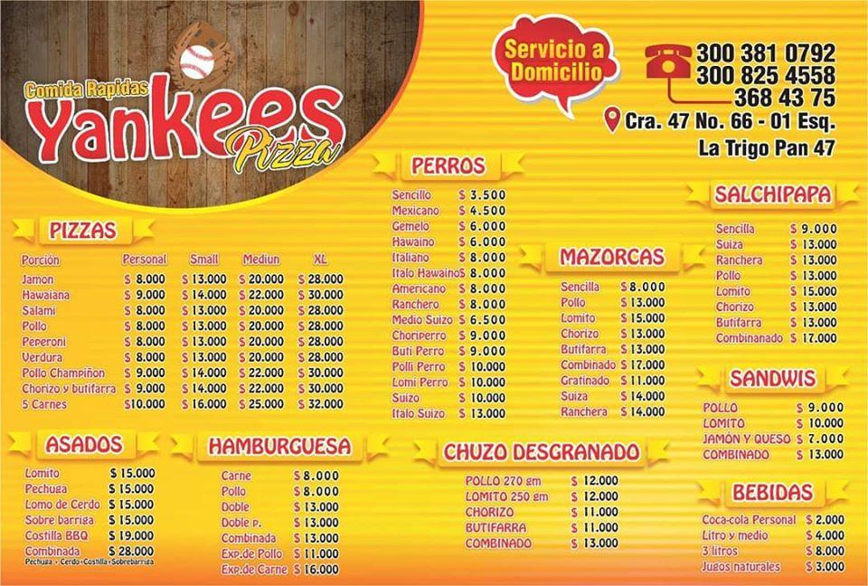 Menu at Yankees Pizzas pizzeria, Barranquilla
