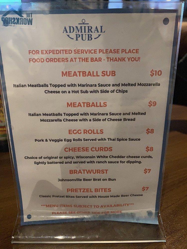 Menu at Admiral Pub, Farragut