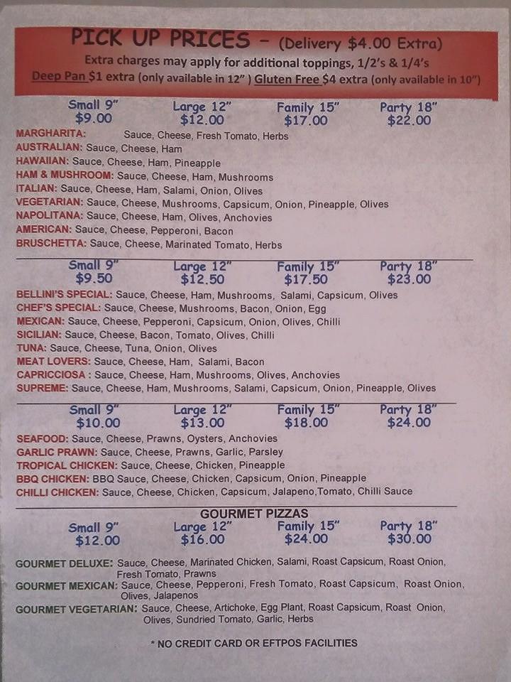 Menu at Bellinis Pizza Bar, Semaphore