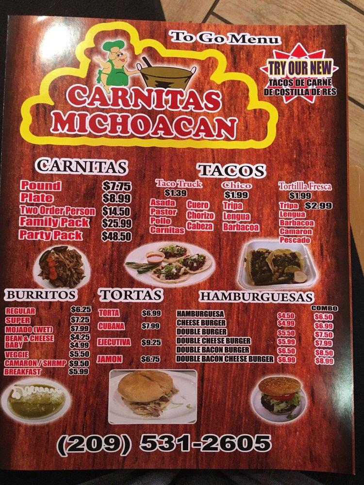 Menu at Carnitas Michoacan restaurant, Ceres