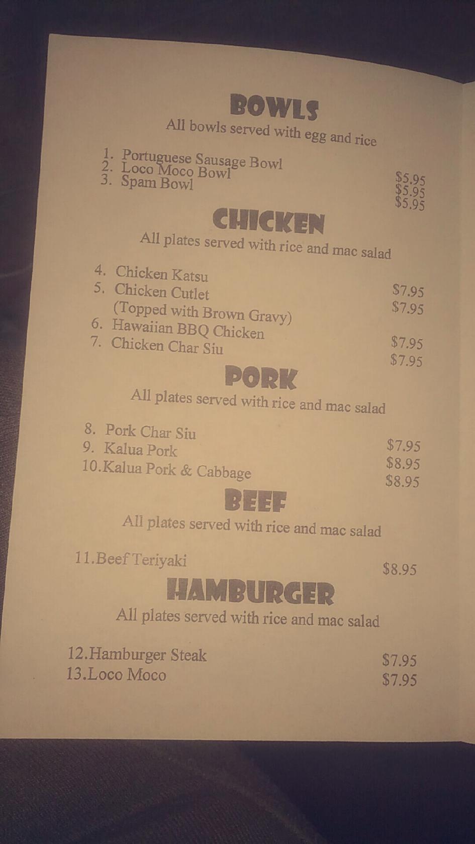 Menu at Island Hut restaurant, Bremerton