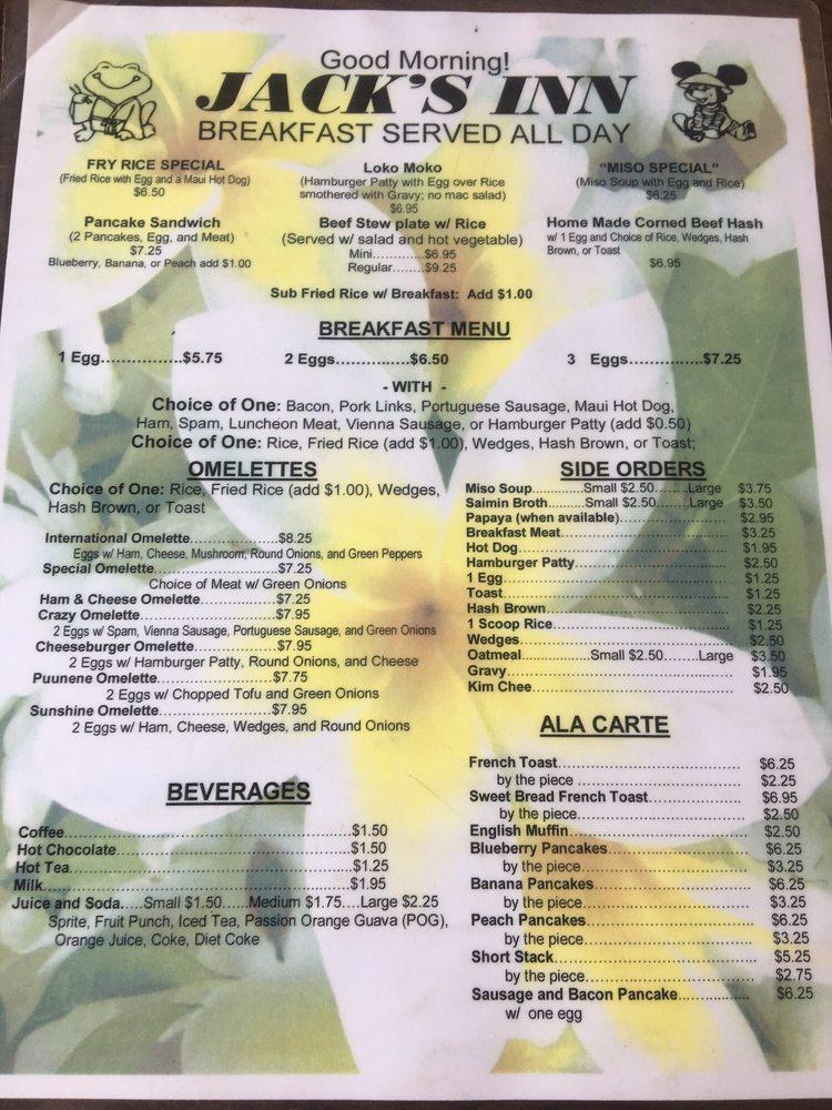 Menu at Jack's Inn restaurant, Kahului