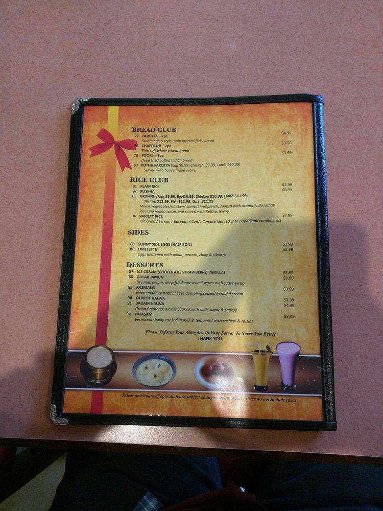 Menu at Madras Club House, Surrey