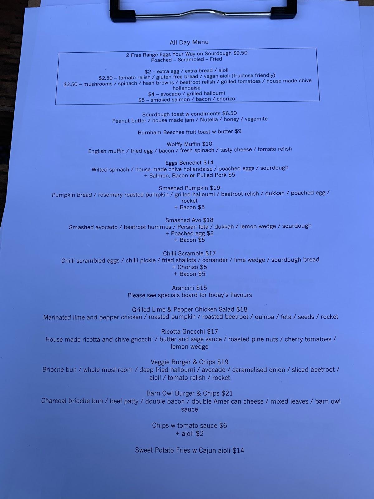Menu at The Barn Owl Cafe, Silvan