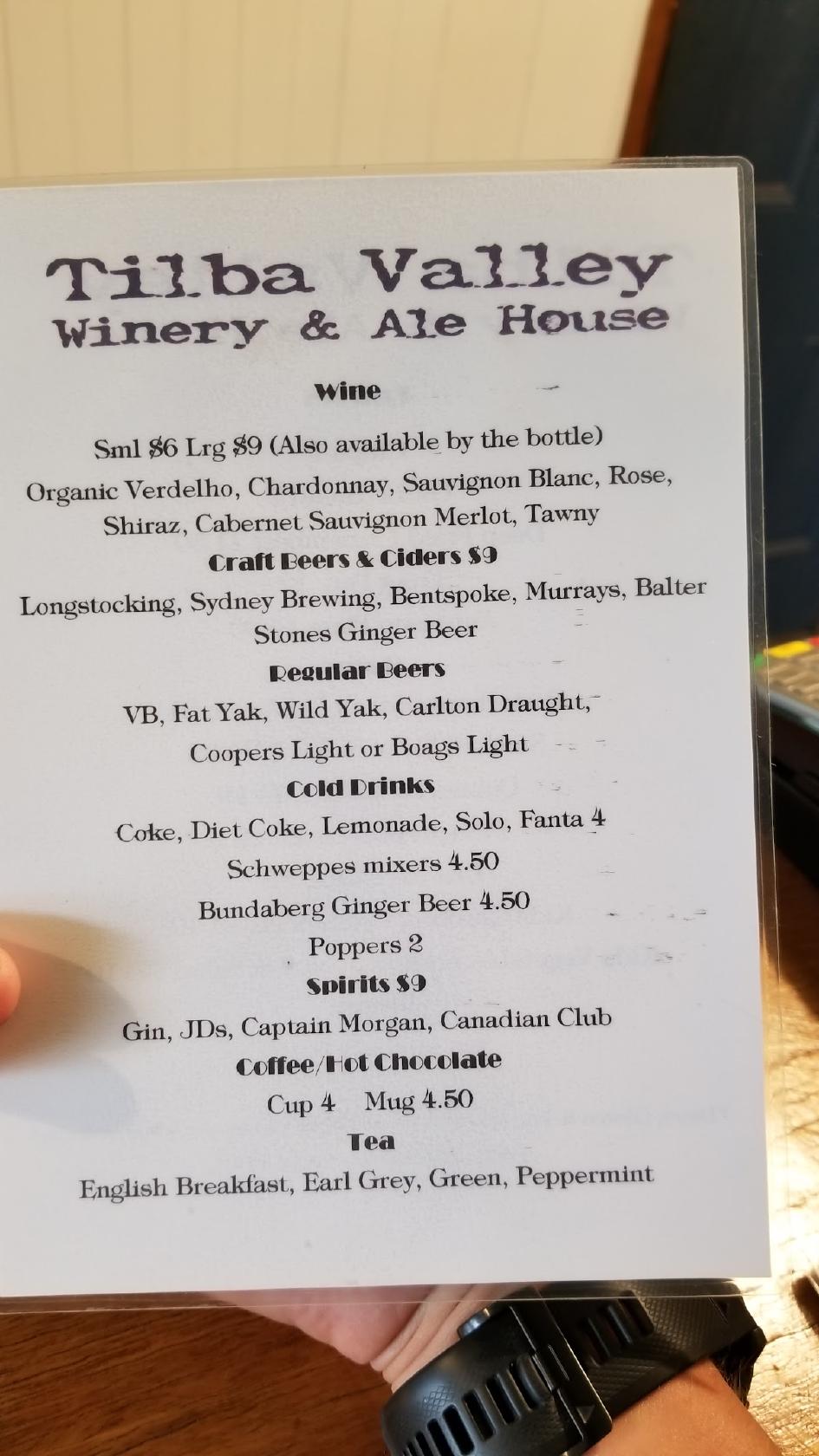 Menu at Tilba Valley Winery & Ale House pub & bar, Corunna, 947 Old Hwy