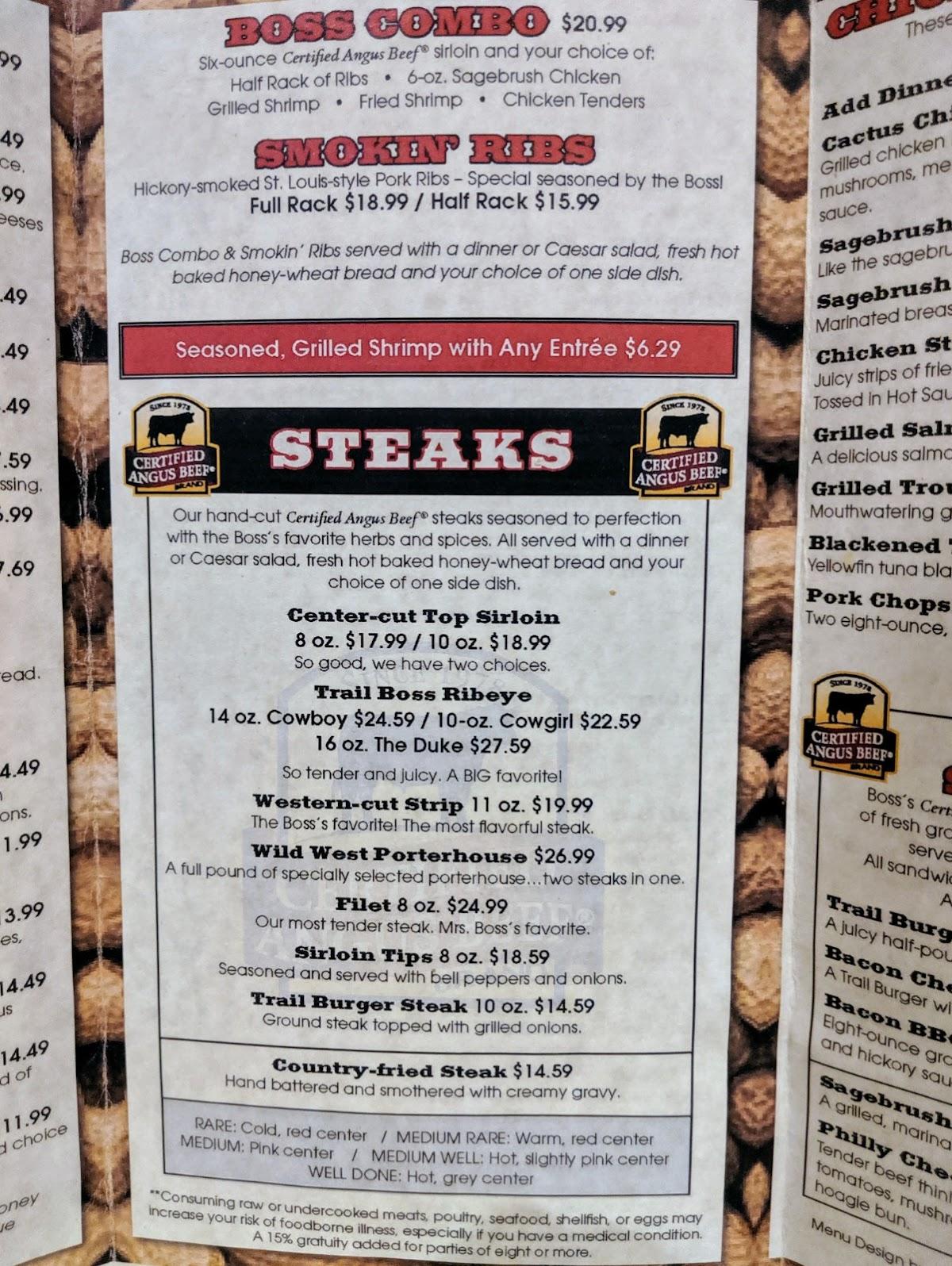 Menu at Trail Boss Steakhouse, Natchitoches