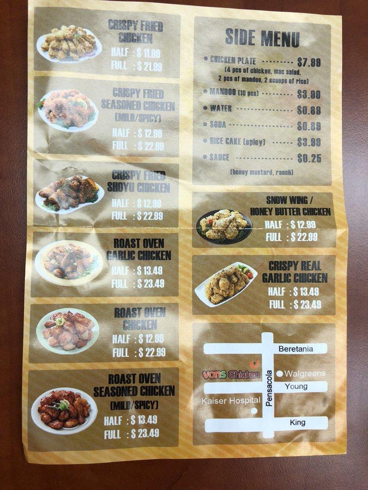 Menu at Vons Chicken restaurant, Honolulu, Pensacola St