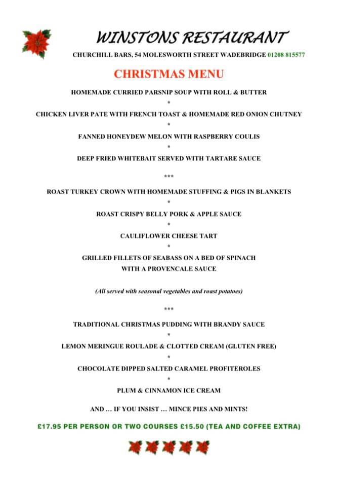 Menu at Winstons restaurant, Wadebridge