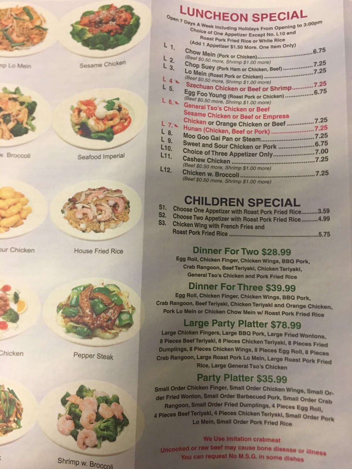 Menu at sunny rainbow restaurant, Standish