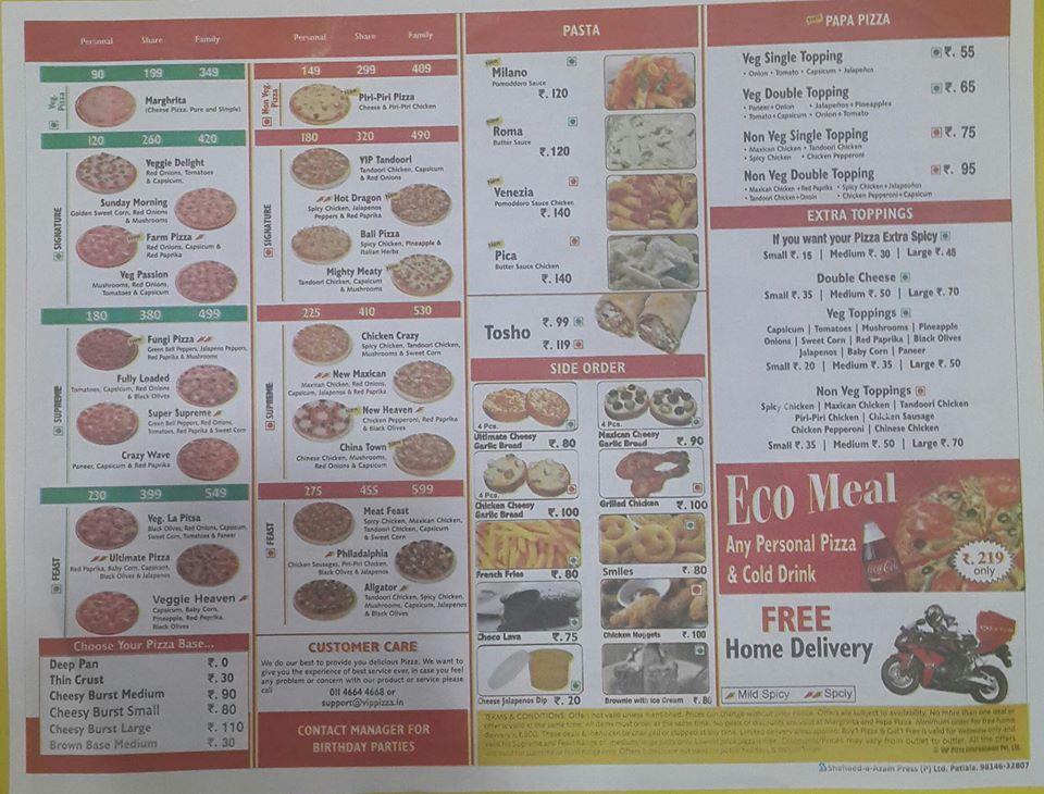 Menu at vip pizza, Nabha, 95G6+8WM