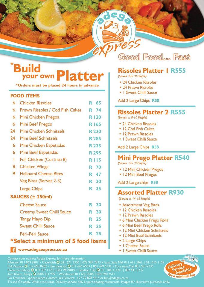 Menu at Adega Express restaurant, Pietermaritzburg